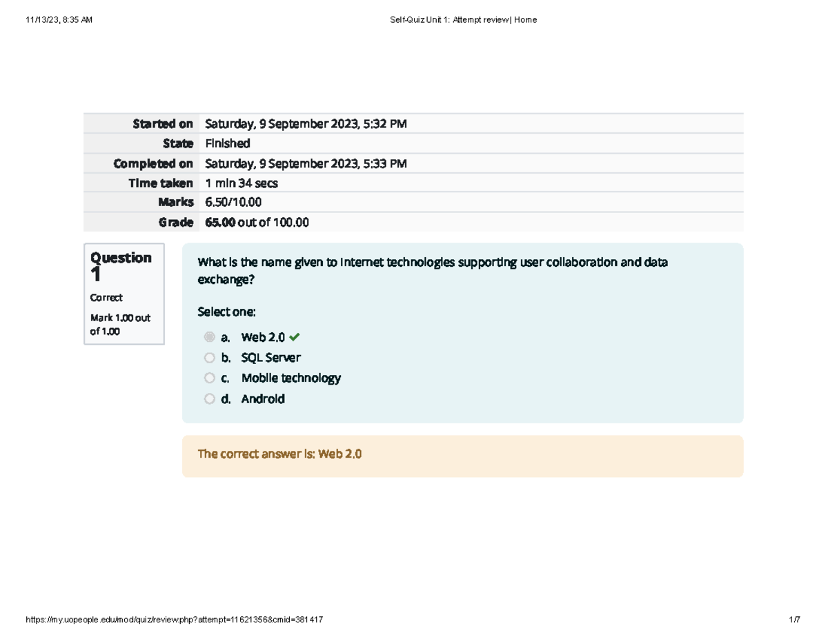 Self Quiz Unit 1 Attempt Review Home Question 1 Correct Mark 1 Out Of 1 Started On Saturday