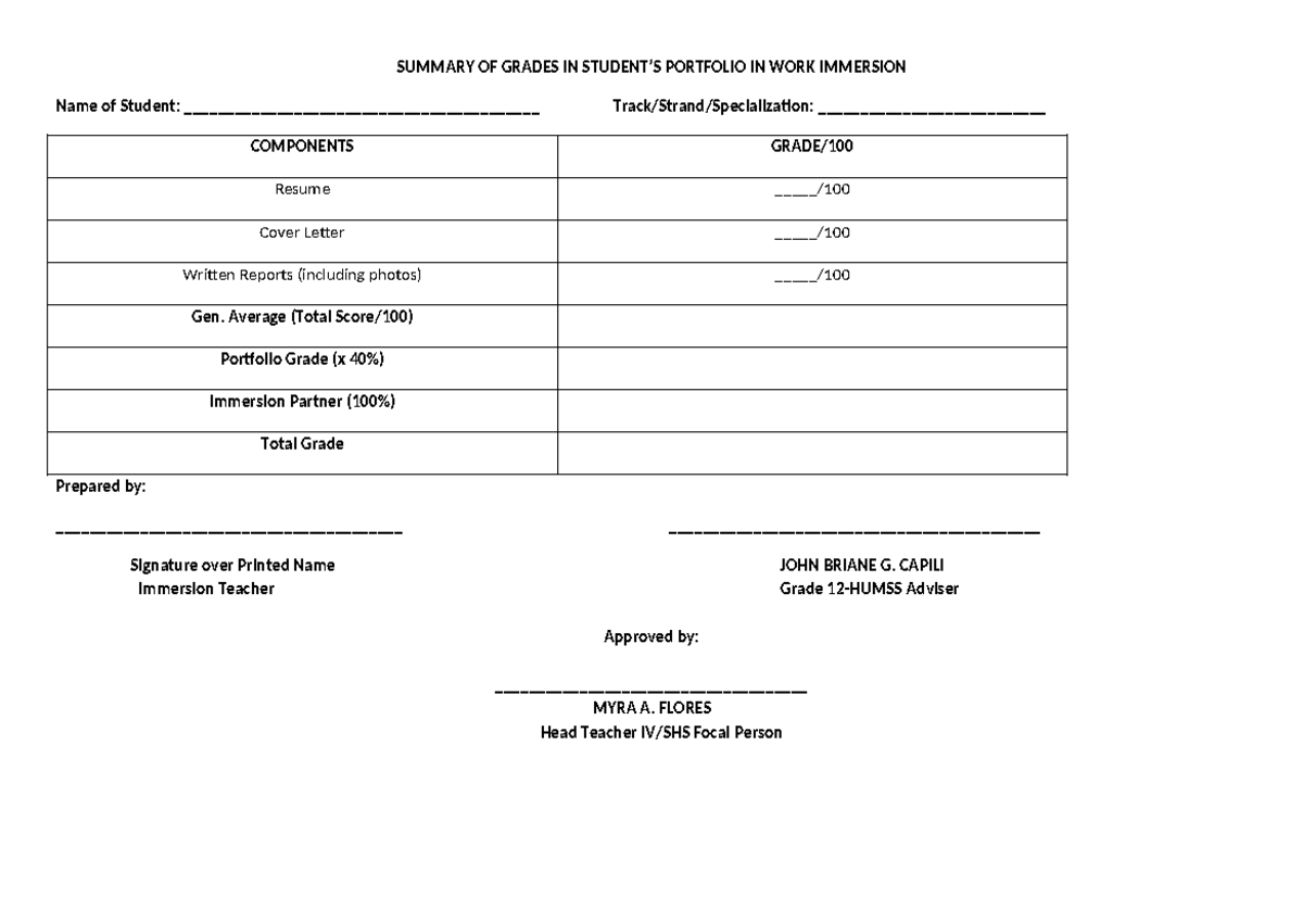 Rubricimmersion - Immersion - SUMMARY OF GRADES IN STUDENT’S PORTFOLIO ...