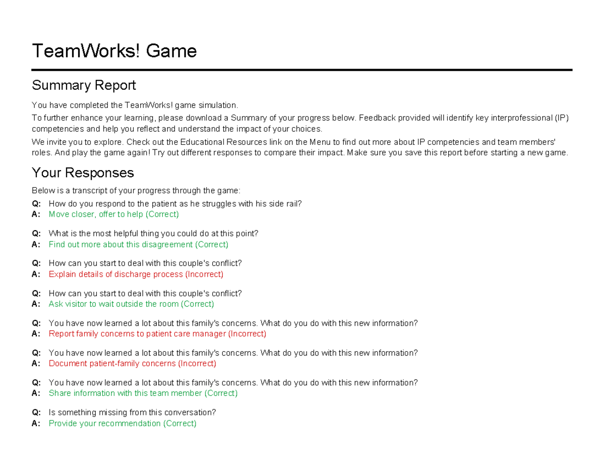 Teamworks game report - TeamWorks! Game Summary Report You have ...