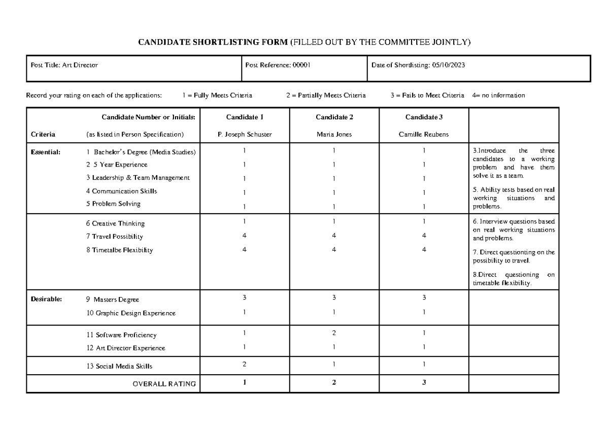 Shortlist candidates - CANDIDATE SHORTLISTING FORM (FILLED OUT BY THE ...
