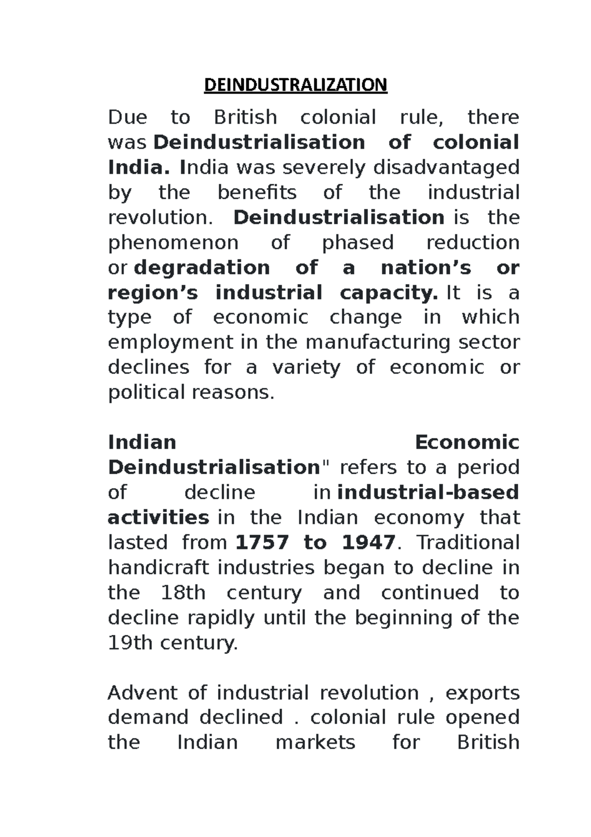 Deindustrializtion - Deindustrialization - DEINDUSTRALIZATION Due to ...