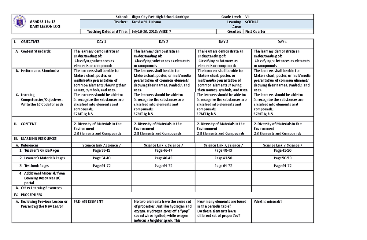 DLL Science Q1 W7 - LESSON PLAN IN BIOLOGY - GRADES 1 to 12 DAILY ...