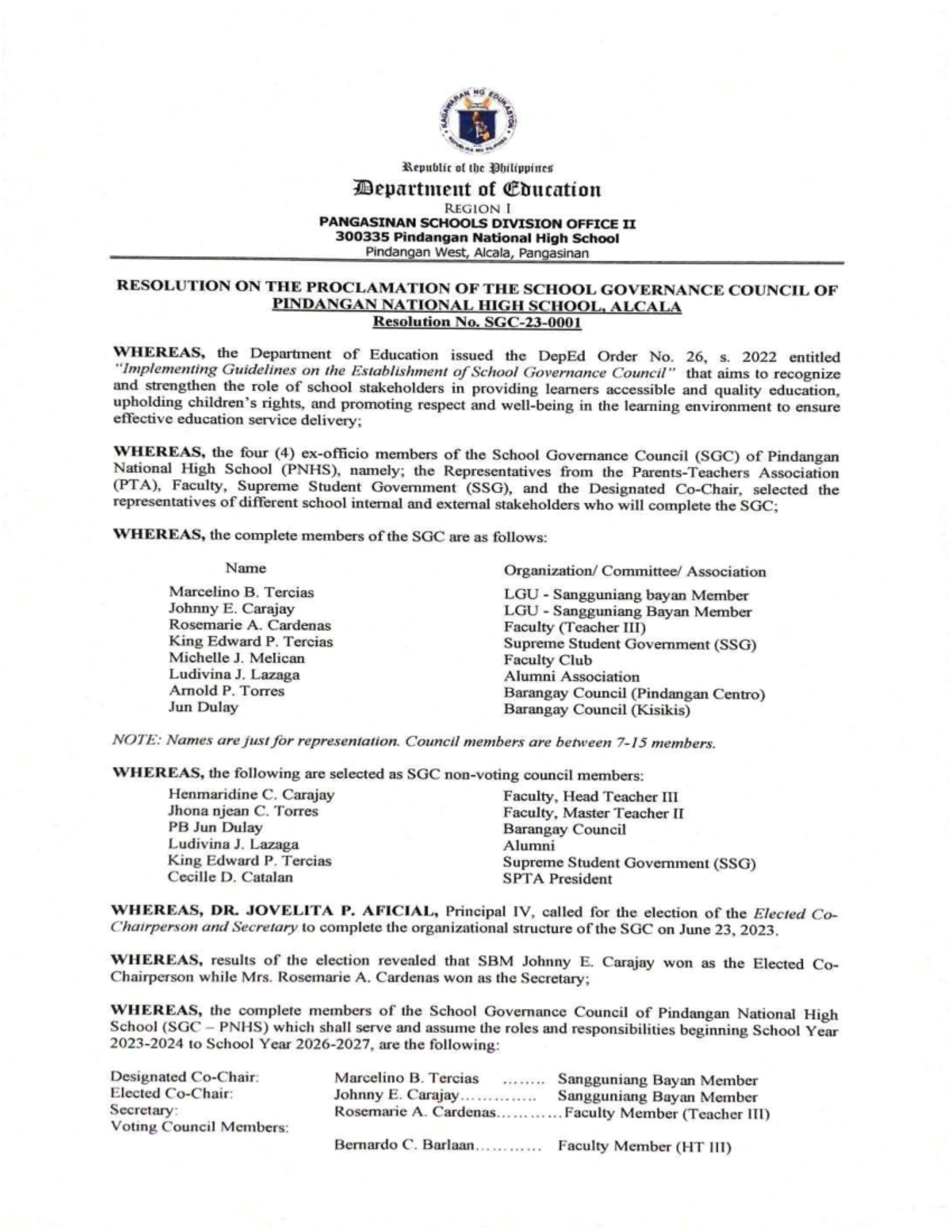 School Governance Council Resolution - NG Republic of the Philippines ...