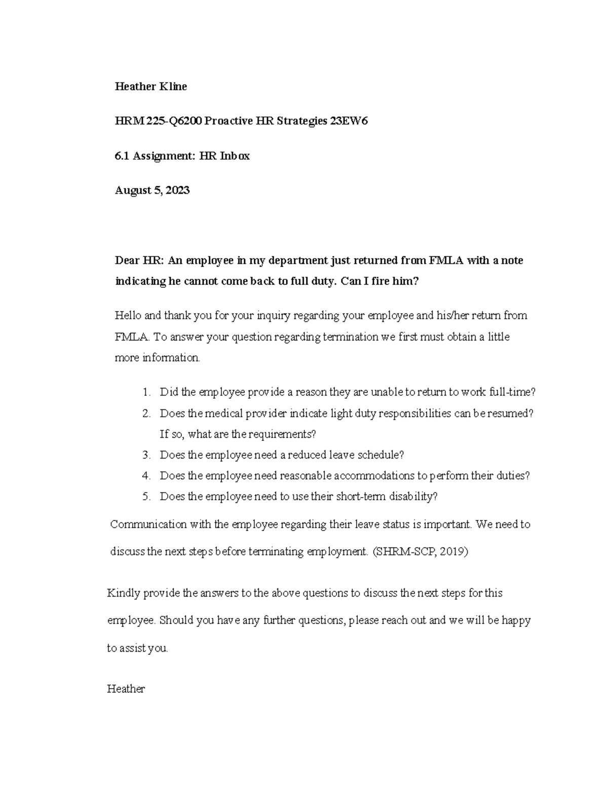 6.1 HR Inbox - Heather Kline HRM 225-Q6200 Proactive HR Strategies 23EW ...