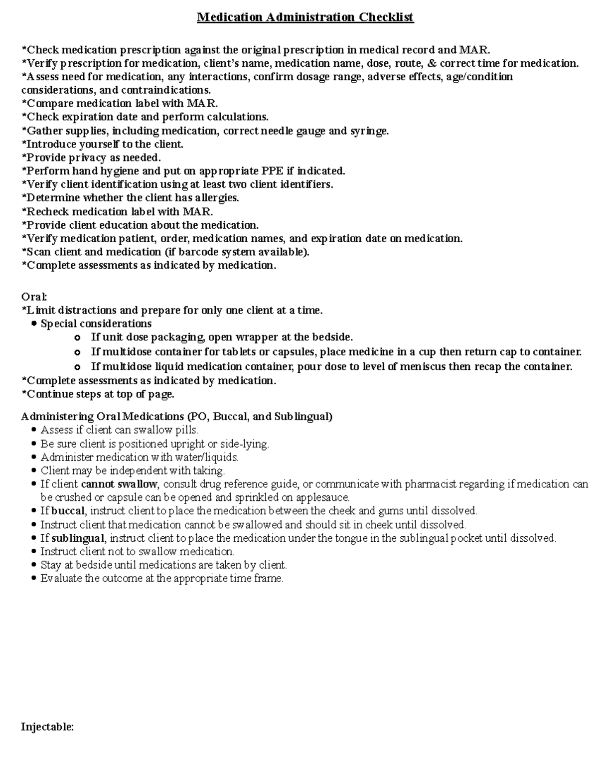 Medication Administration Checklist - *Verify prescription for ...
