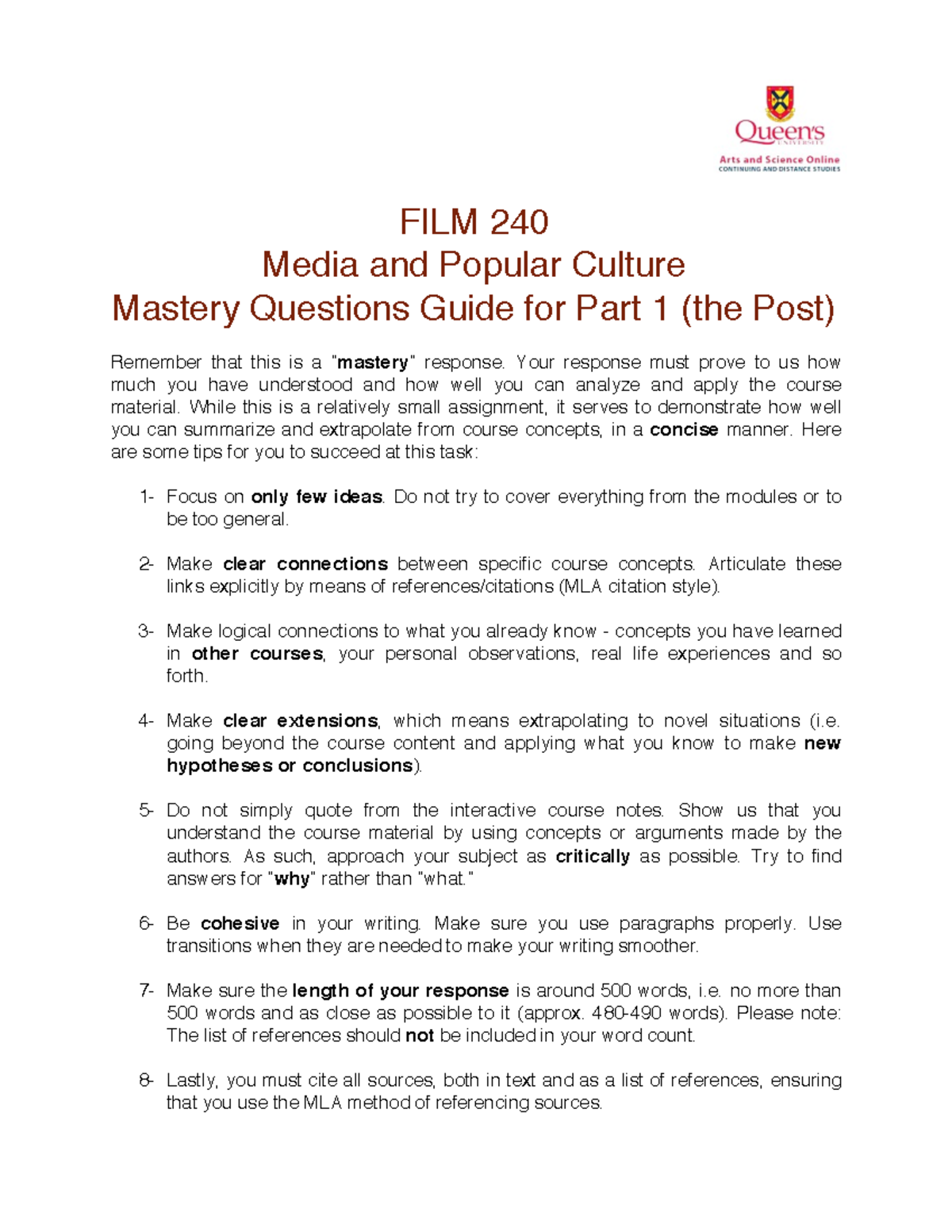 FILM 240 W20 Mastery Questions Guide - FILM 240 Media and Popular ...