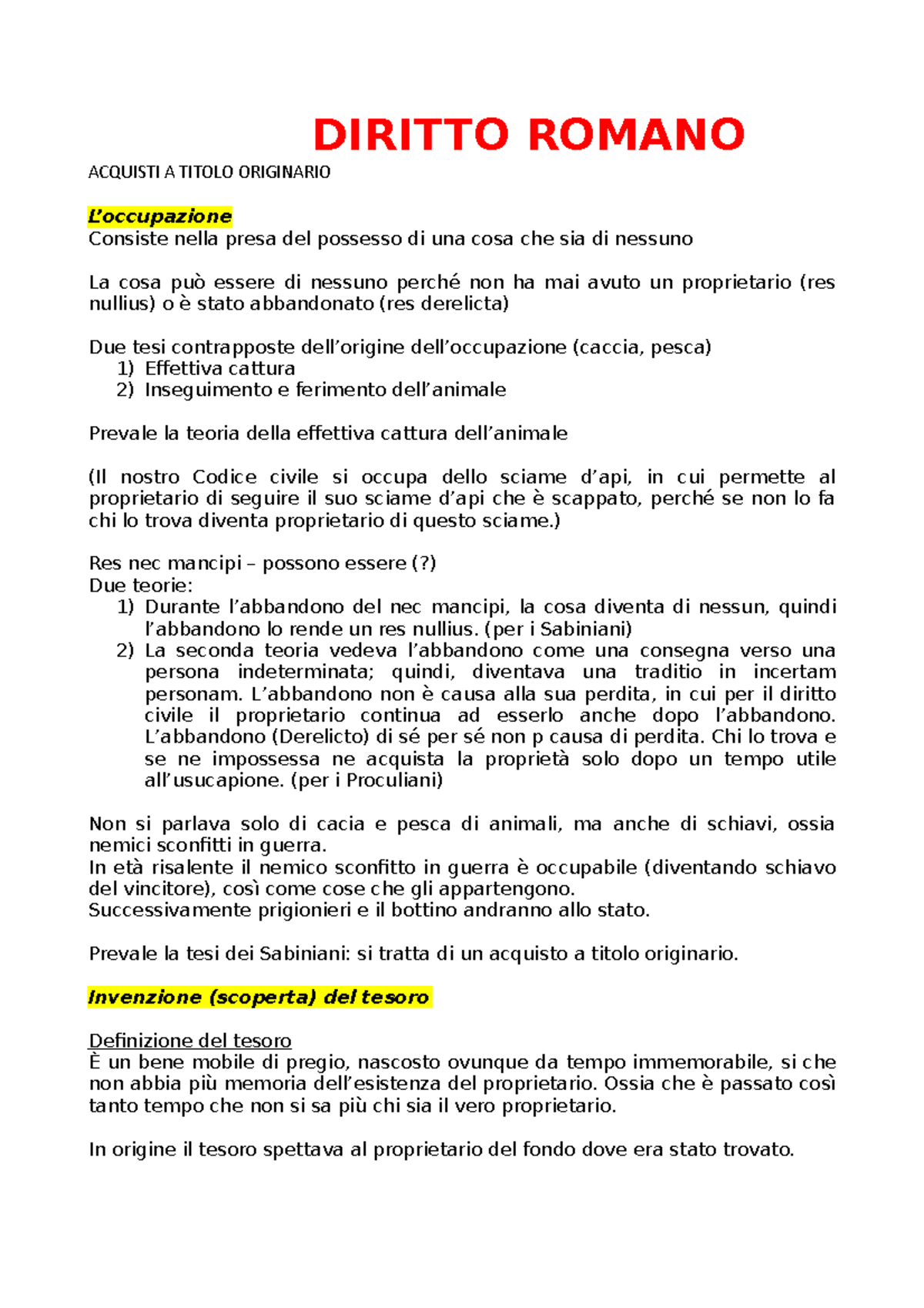 Diritto Romano 14 ottobre - DIRITTO ROMANO ACQUISTI A TITOLO ORIGINARIO ...