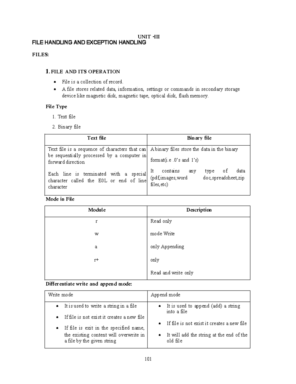 UNIT -III - Python leat - UNIT -III FILEHANDLINGANDEXCEPTIONHANDLING ...