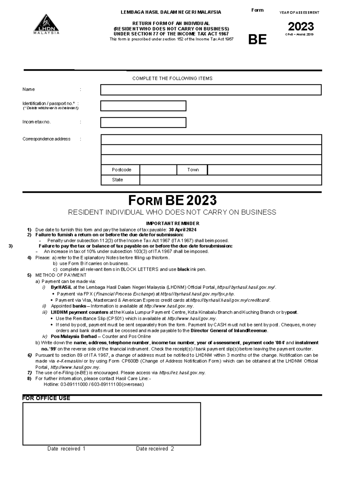 TAX267 FORM BE2023 - LEMBAGA HASIL DALAM NEGERI MALAYSIA Form YEAR OF ...
