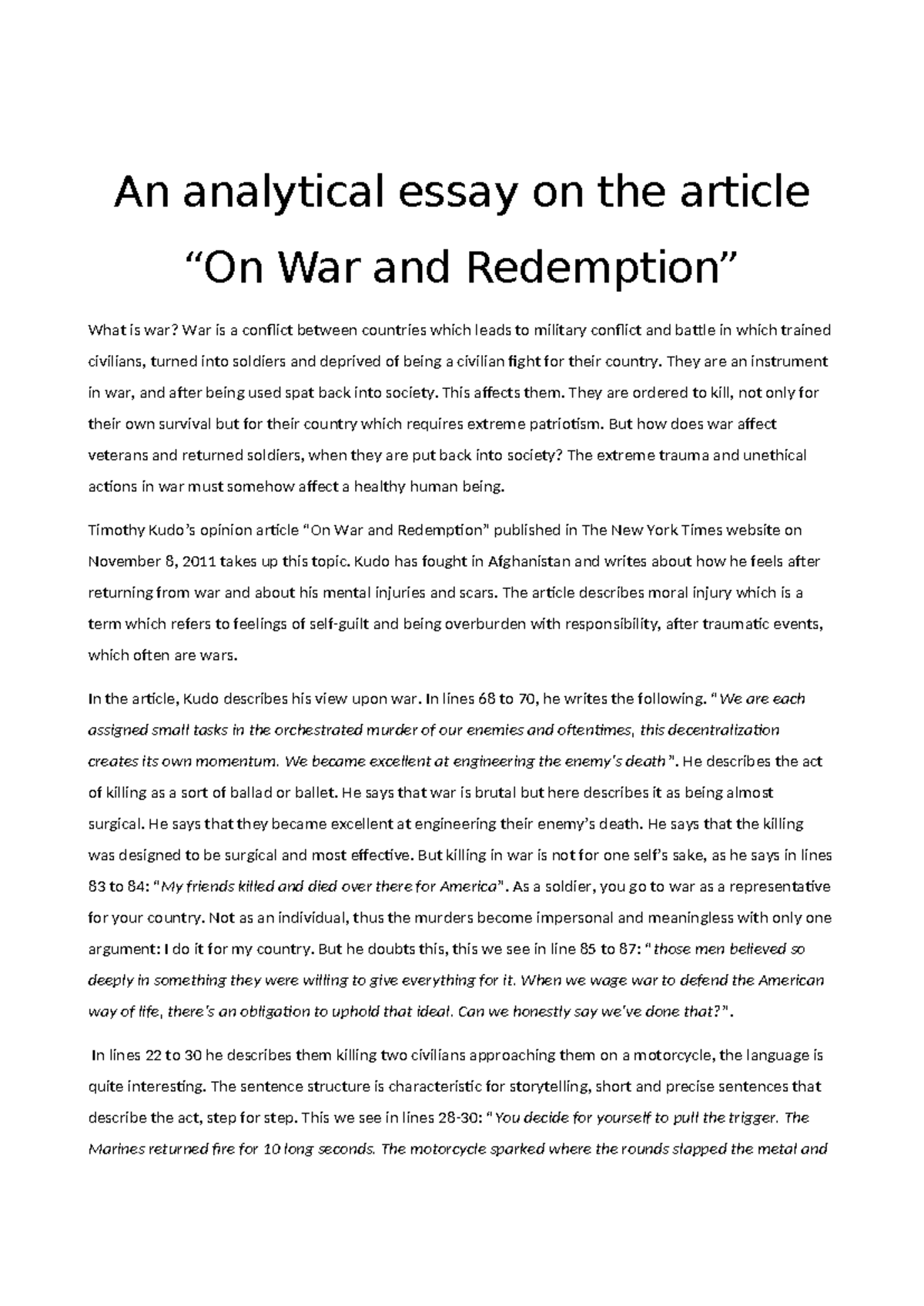 An analytical analysis of On war and redemtion - An analytical essay on ...