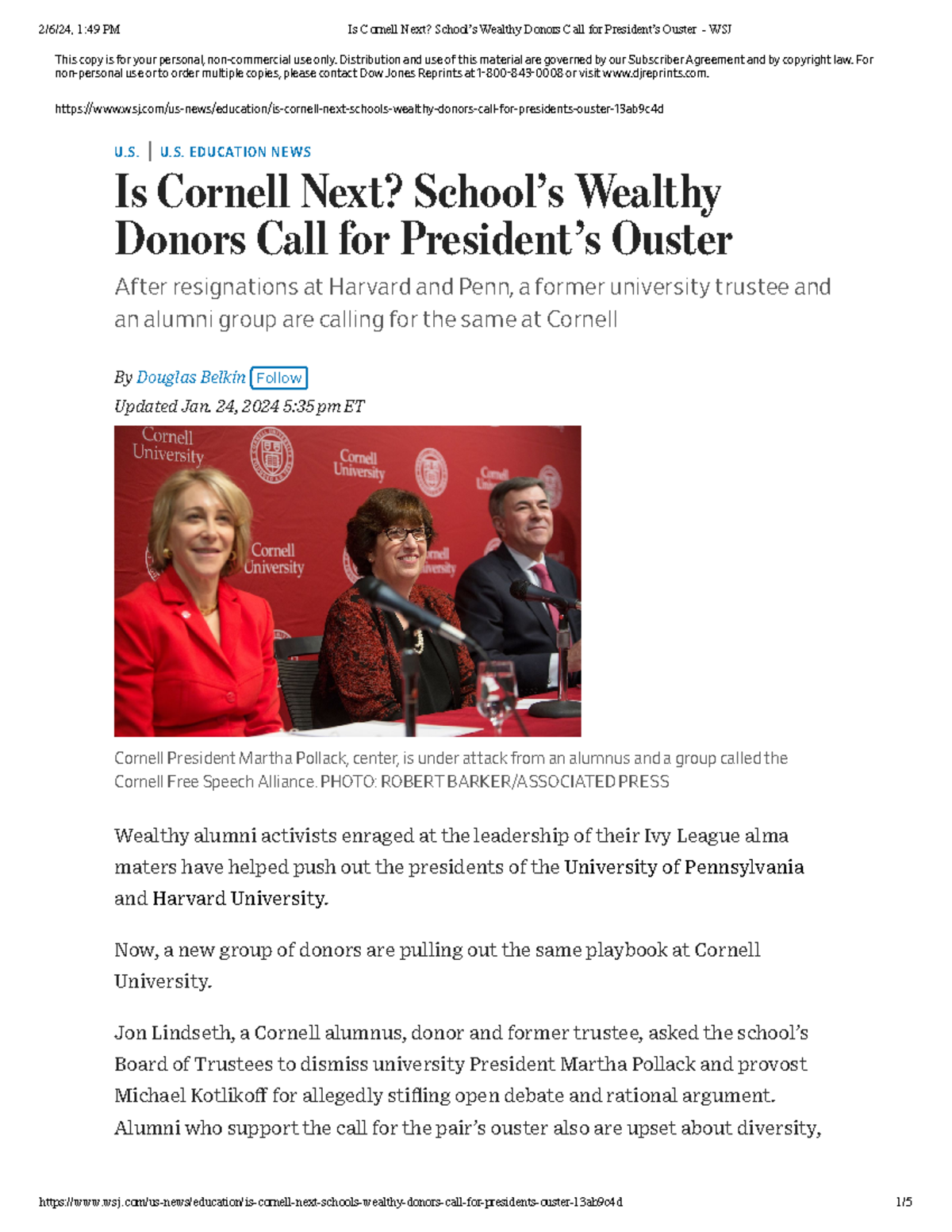 Is Cornell Next School’s Wealthy Donors Call for President’s Ouster ...