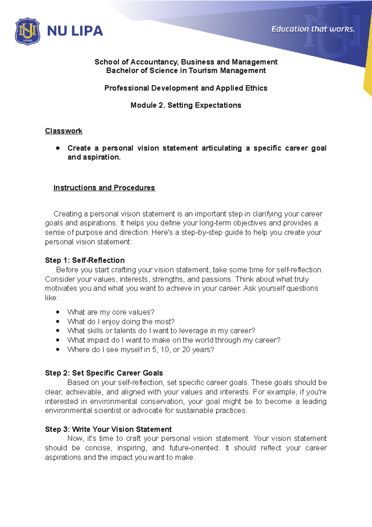 Module 2. Classwork #1 - Activity - School of Accountancy, Business and Management Bachelor of ...