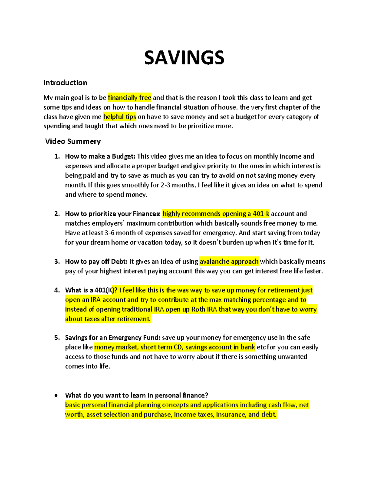Savings Assignment - nothing - SAVINGS Introduction My main goal is to ...