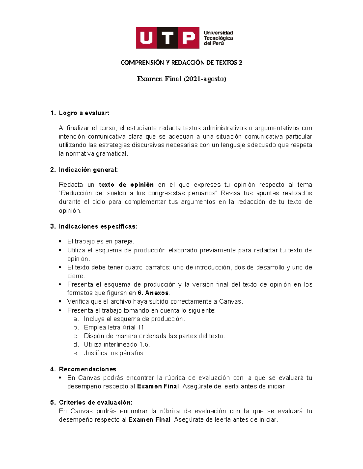 Examen final- CRT2 - COMPRENSIÓN Y REDACCIÓN DE TEXTOS 2 Examen Final ...