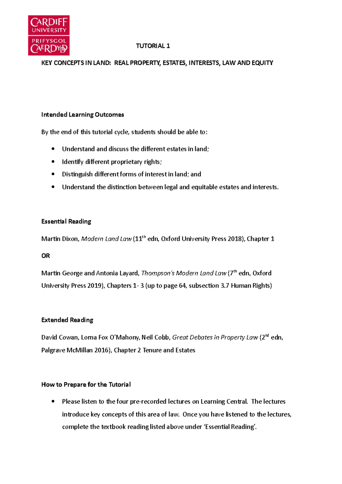 Land Law Tutorial 1 - TUTORIAL 1 KEY CONCEPTS IN LAND: REAL PROPERTY ...