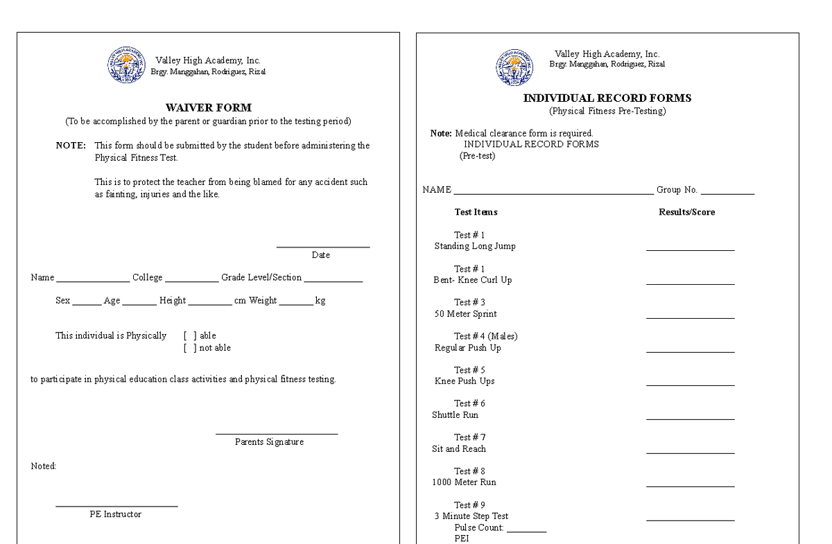 PE Class Waiver FORM - Valley High Academy, Inc. Brgy. Manggahan ...