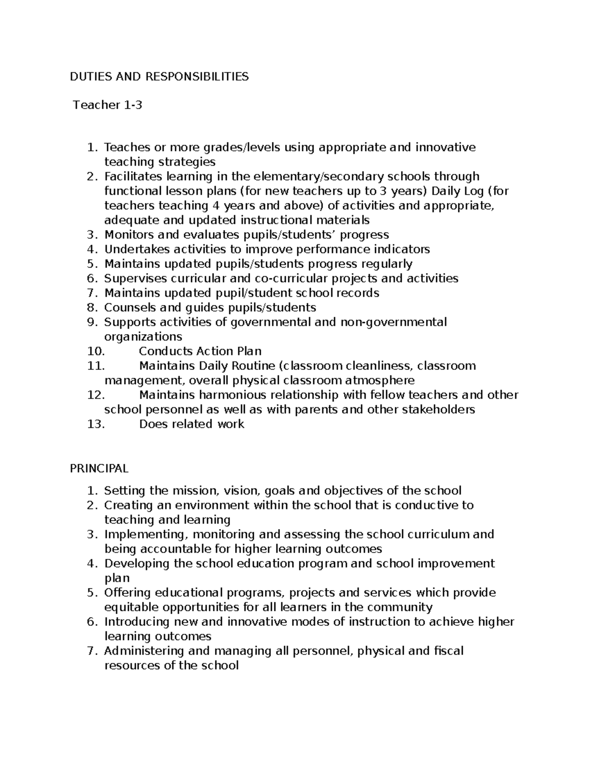 Duties AND Responsibilities Teacher 1 - DUTIES AND RESPONSIBILITIES ...