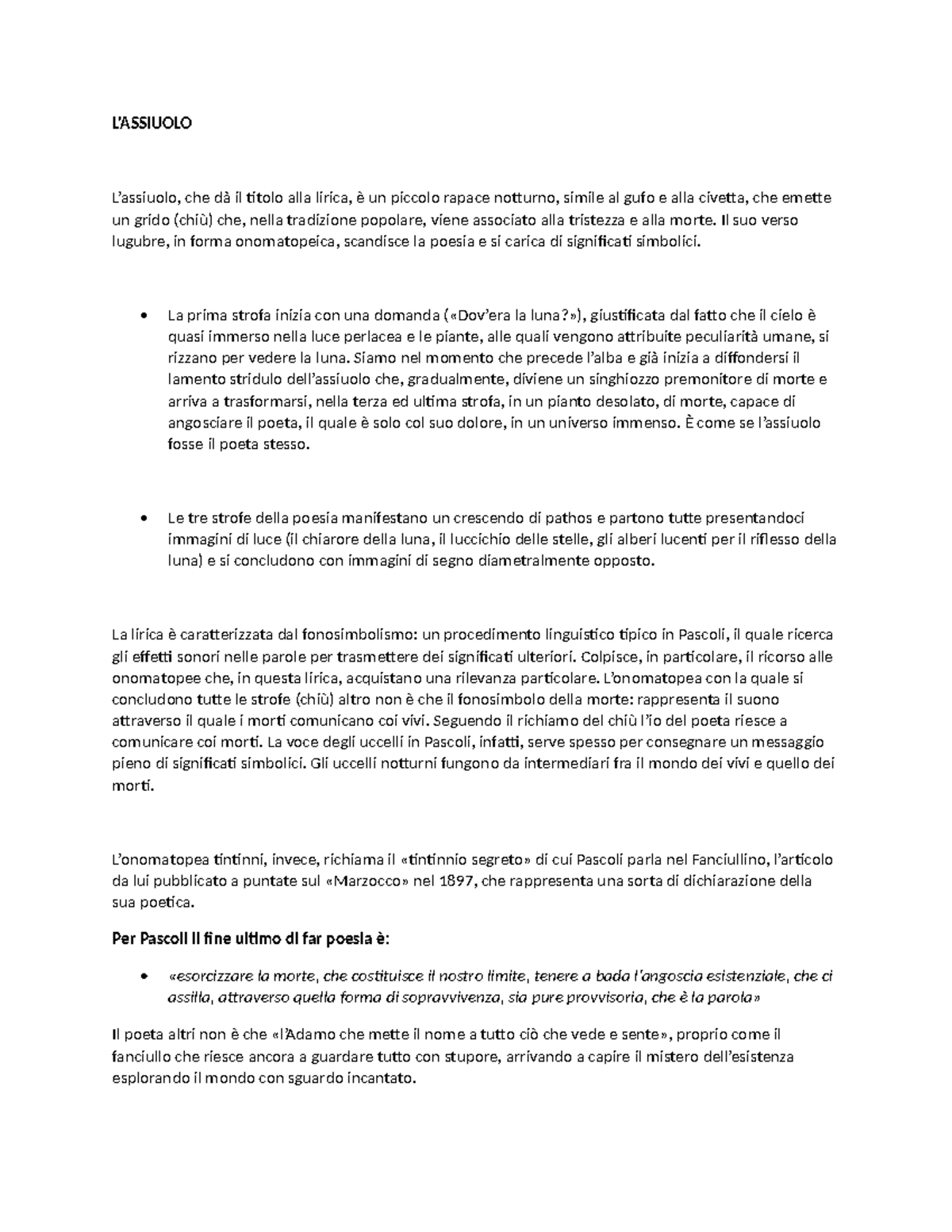 Pascoli- L'Assiulo - L'ASSIUOLO L’assiuolo, che dà il titolo alla ...