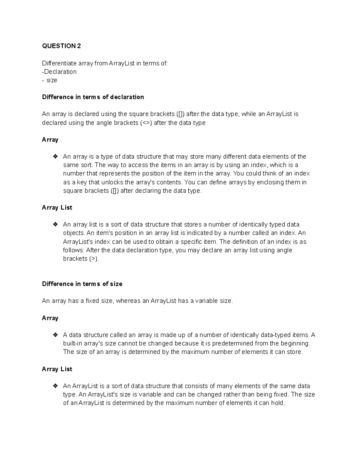Untitled document - CITE 000 - QUESTION 2 Differentiate array from ArrayList in terms of: - Studocu