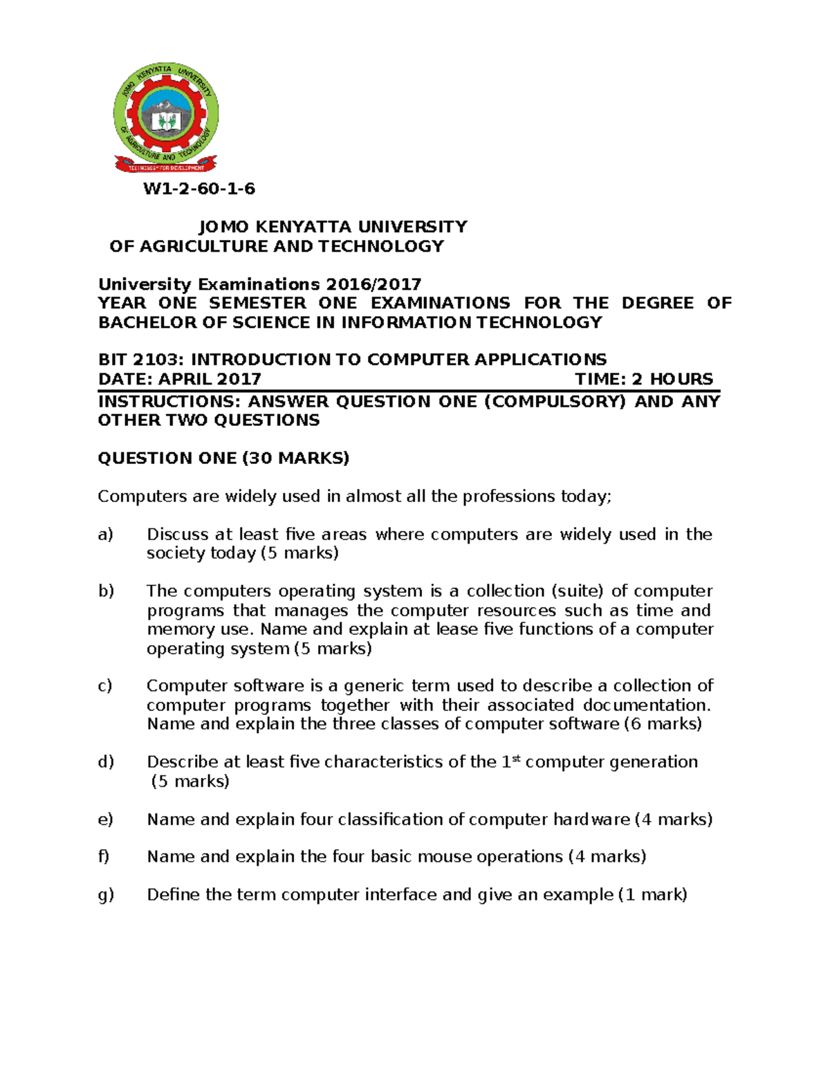 BIT 2103 Introduction TO Computer Applications - W1-2-60-1- JOMO ...