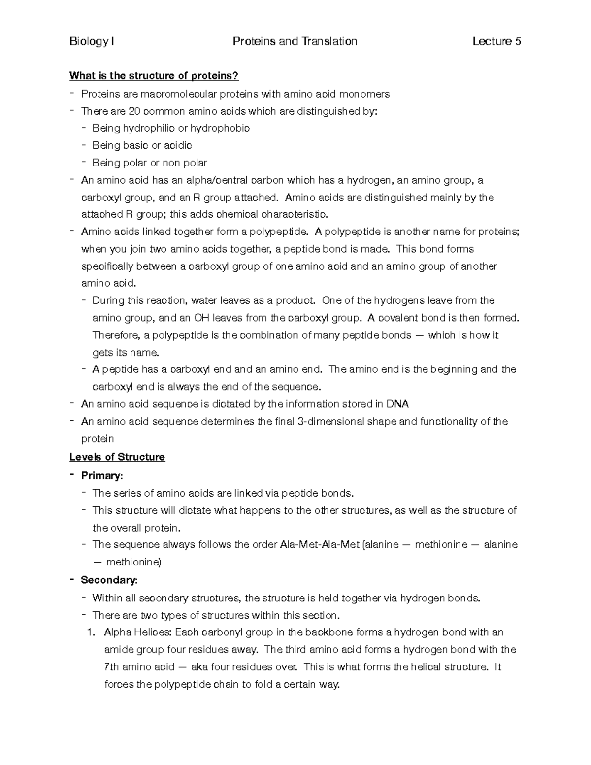 Biology I; Lecture 5; Proteins (PDF) - What is the structure of ...