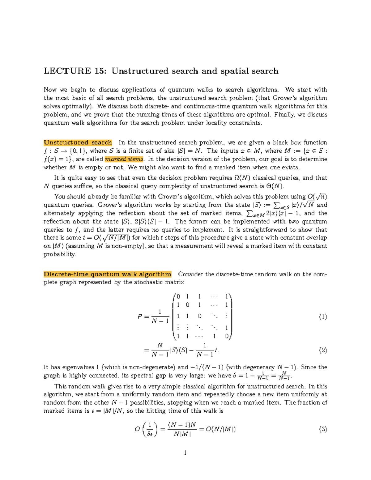 LECTURE 15: Unstructured search and spatial search - Quantum algorithms ...