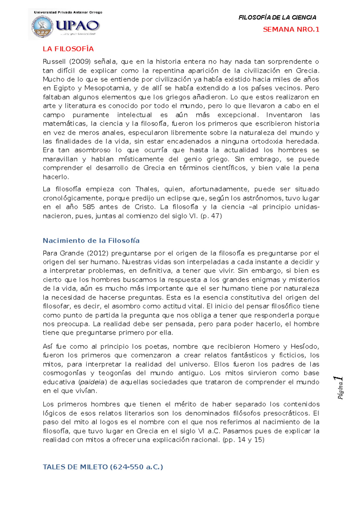 Lectura sem. 1. La Filosofía - SEMANA NRO. LA FILOSOFÍA Russell (2009 ...