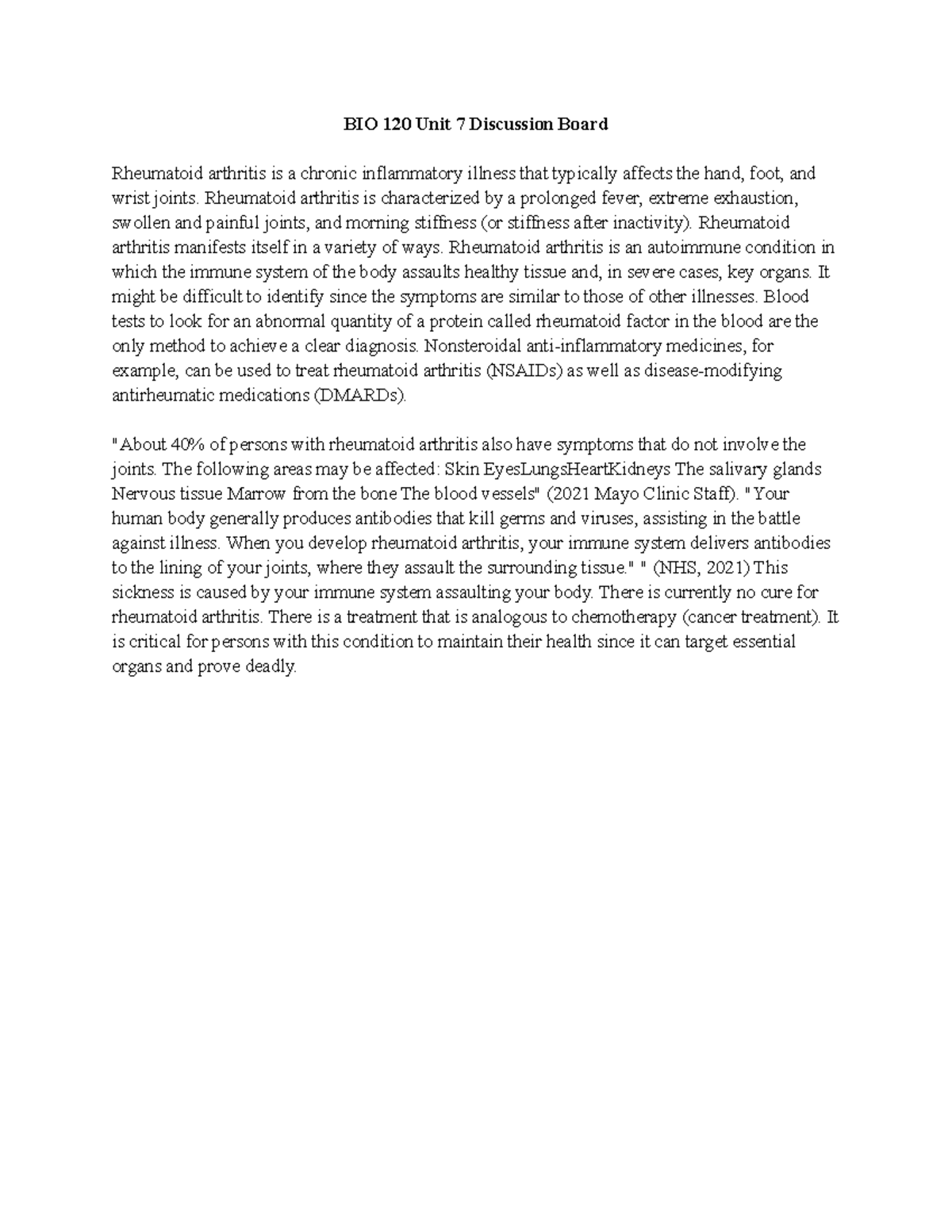 BIO 120 Unit 7 Discussion Board - BIO 120 Unit 7 Discussion Board ...