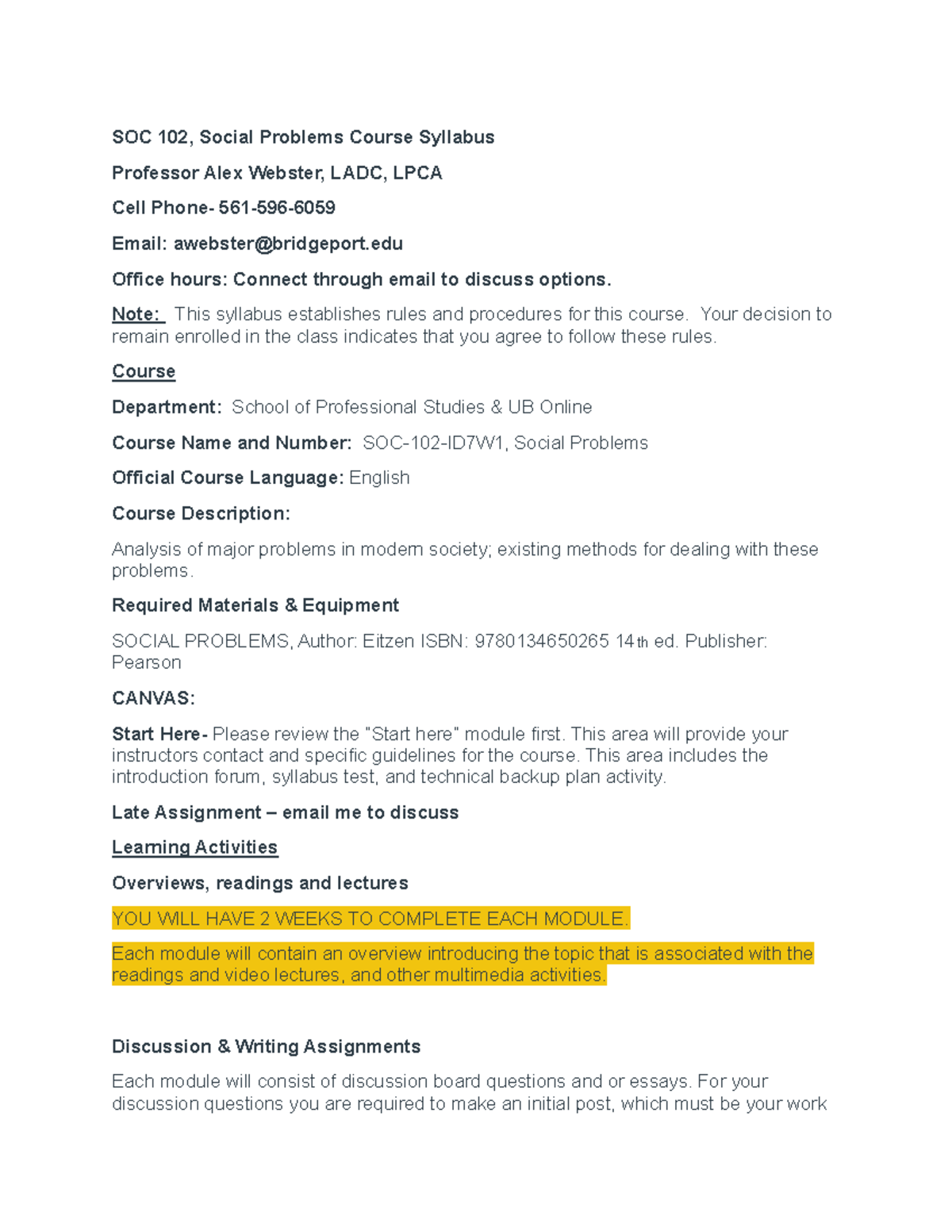 SOC 102, Social Problems Course Syllabus - SOC 102, Social Problems Course Syllabus Professor ...