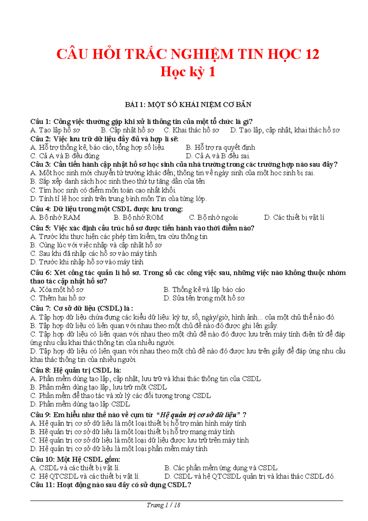 CAU HOI TRAC Nghiem TIN HOC 12 HK1 2223 BAI 1 DEN BAI 9 - CÂU HỎI TRẮC NGHIỆM TIN HỌC 12 Học kỳ ...