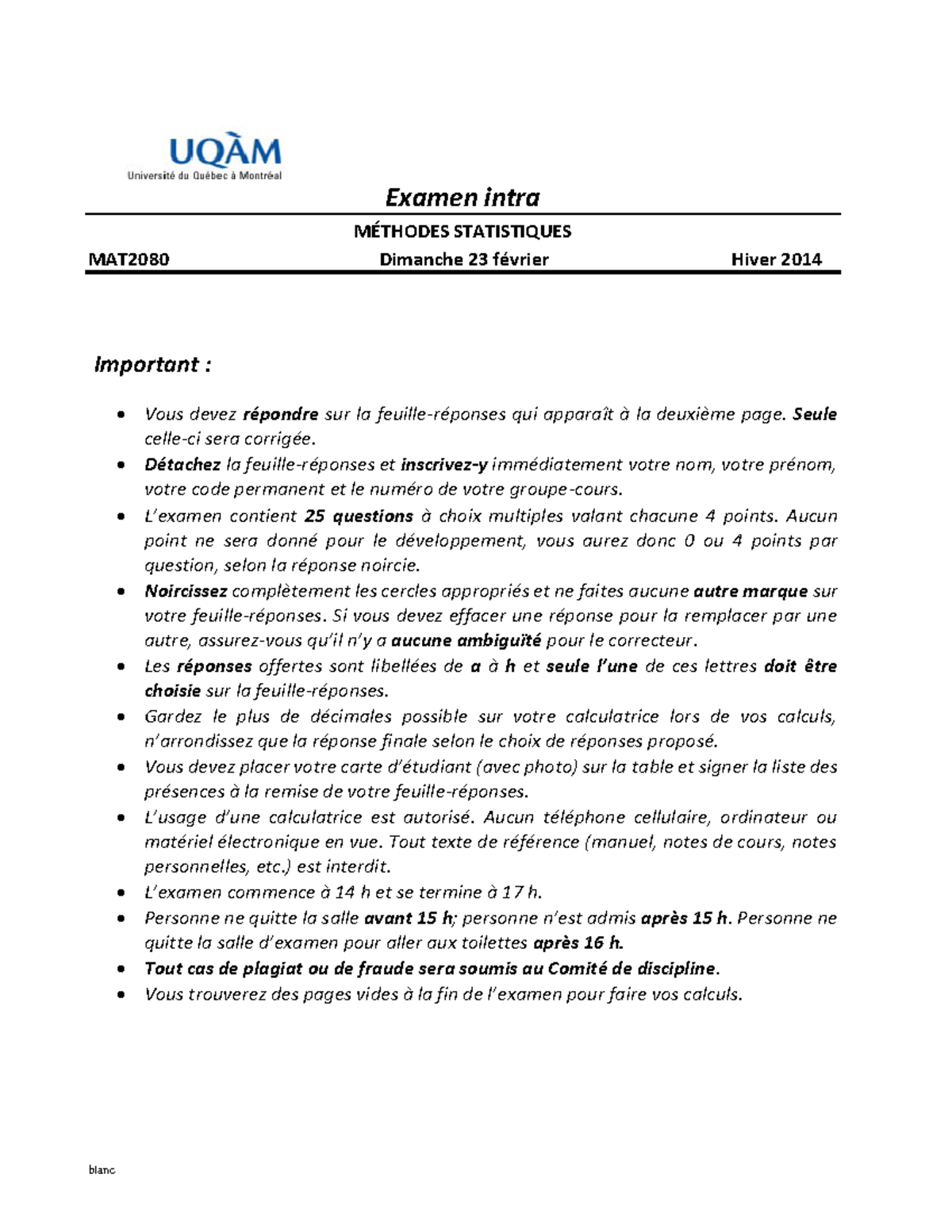 Examen Intra Mat2080 Hiver 2014 Blanc Blanc Examen Intra Méthodes