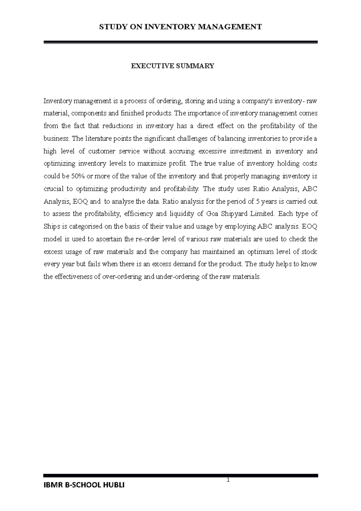 Sible final report 1 - nope - EXECUTIVE SUMMARY Inventory management is ...