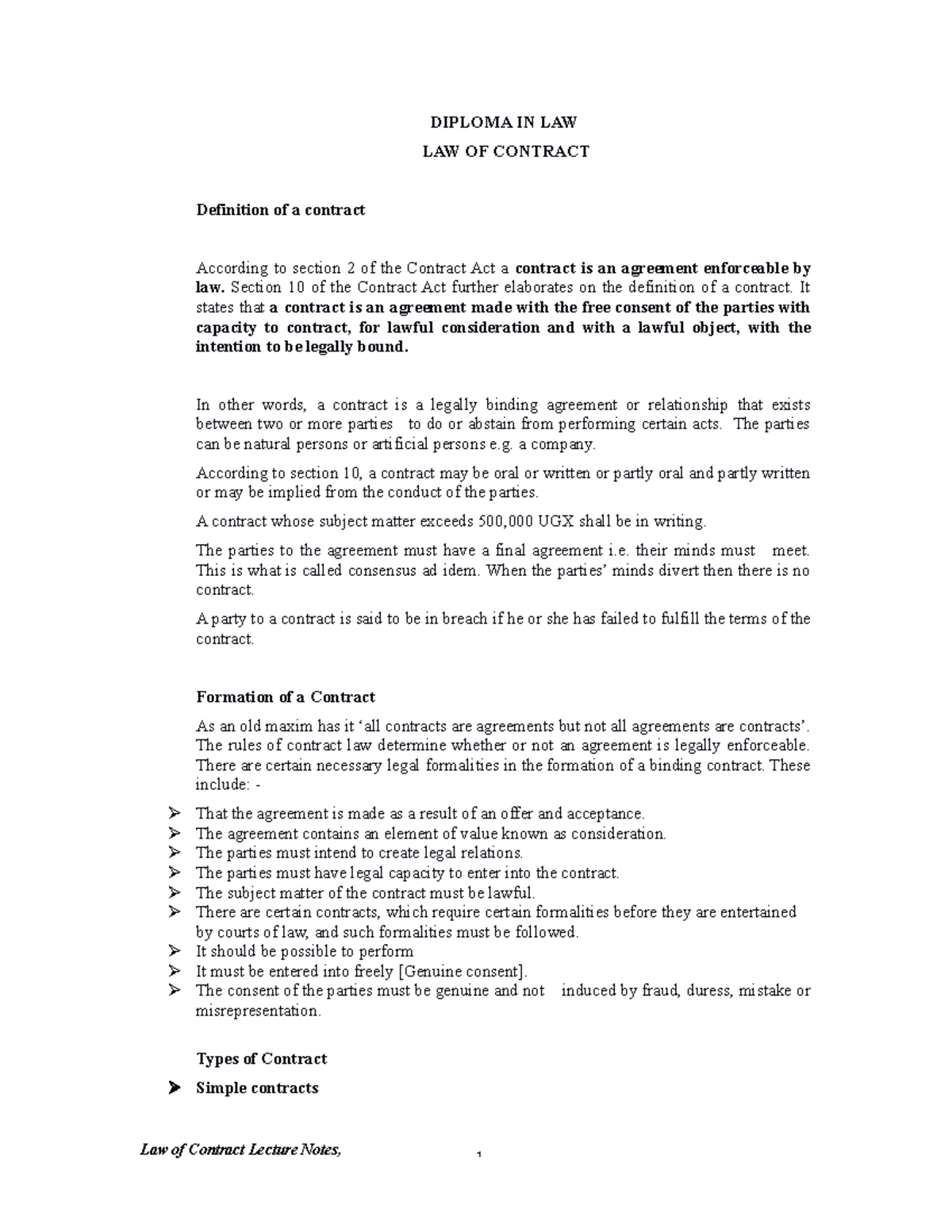 Brenda Nyapidi Law of Contract notes 2020 - DIPLOMA IN LAW LAW OF ...