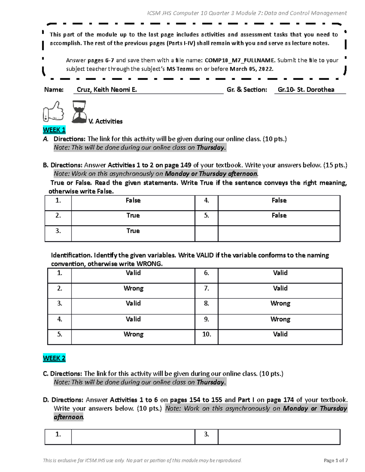 COMP10 M7 Worksheets for the third quarter - Introduction to ...