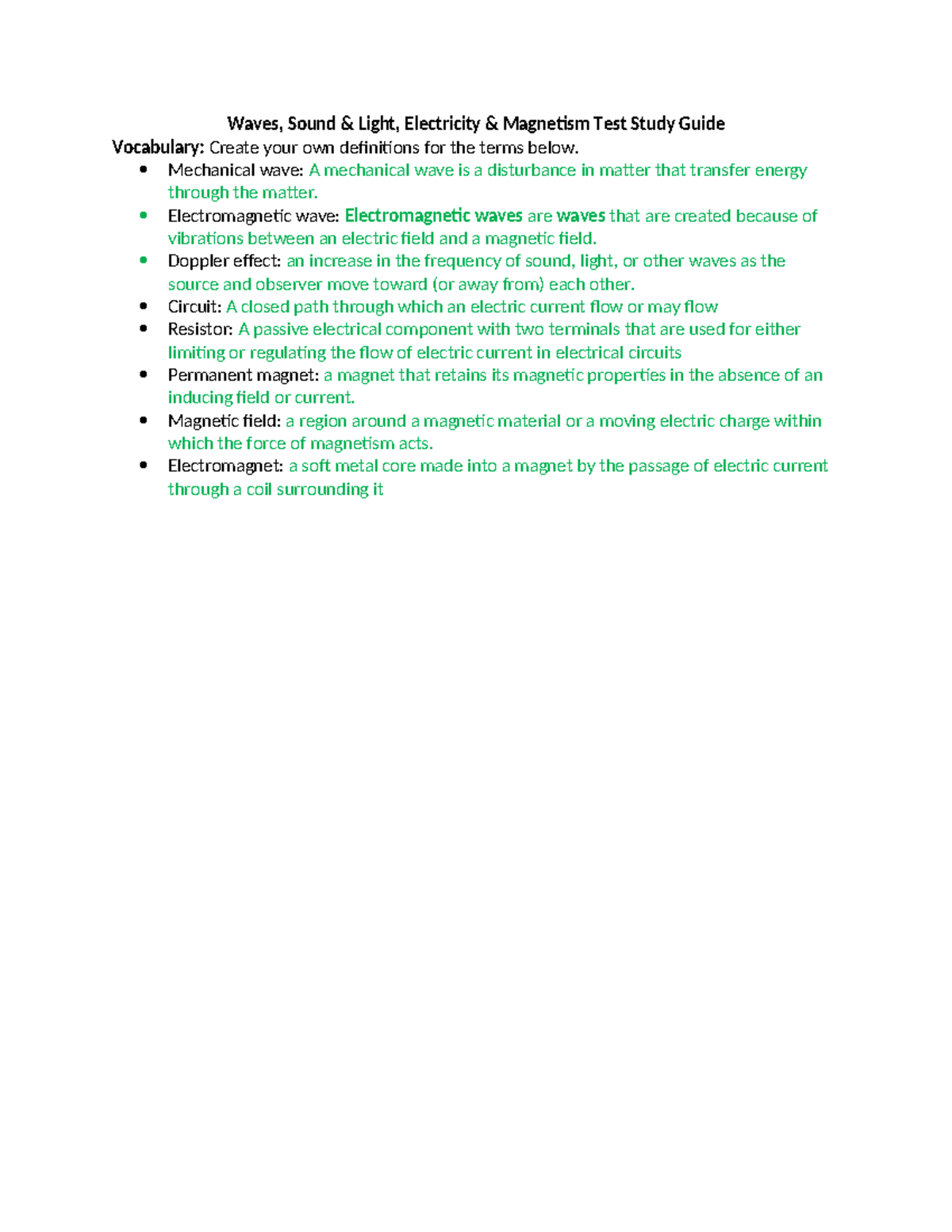 Waves, Sound and Light Test Study Guide - Waves, Sound & Light ...