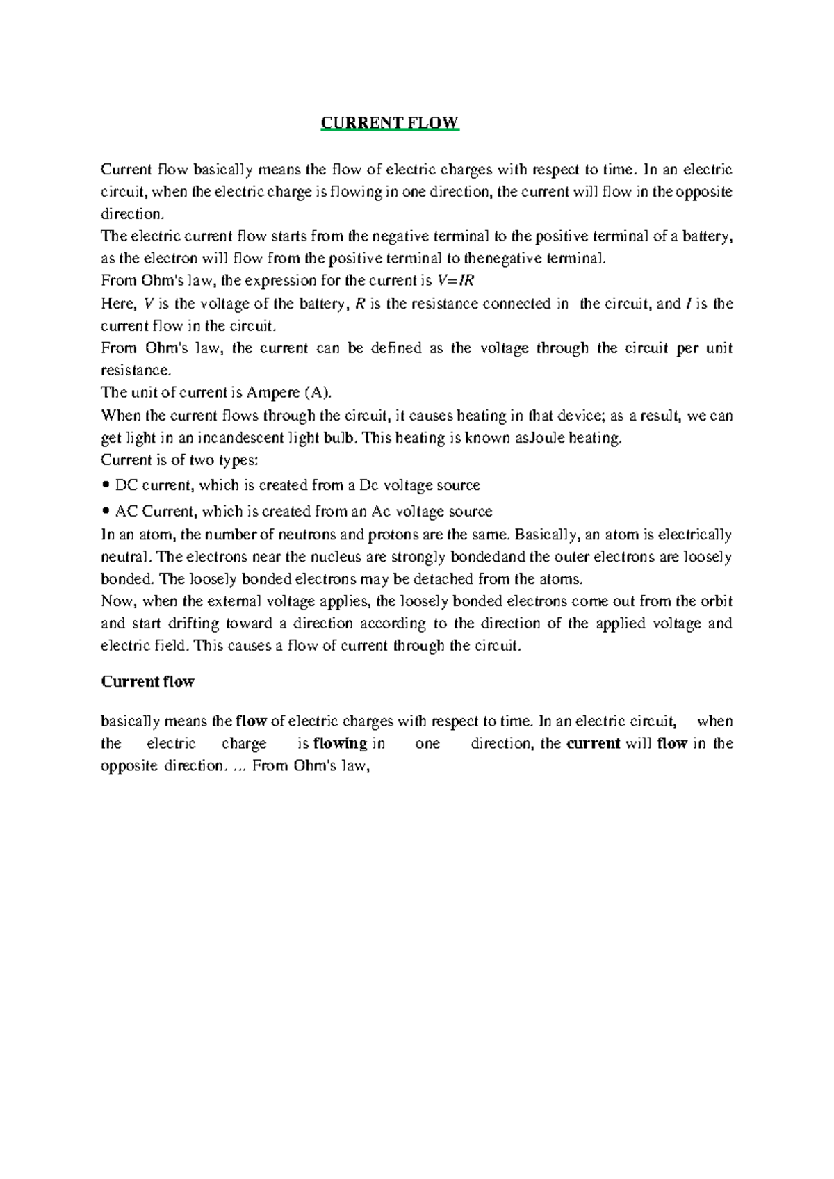 Current Flow- Basic Electrical Part 1 - CURRENT FLOW Current flow ...