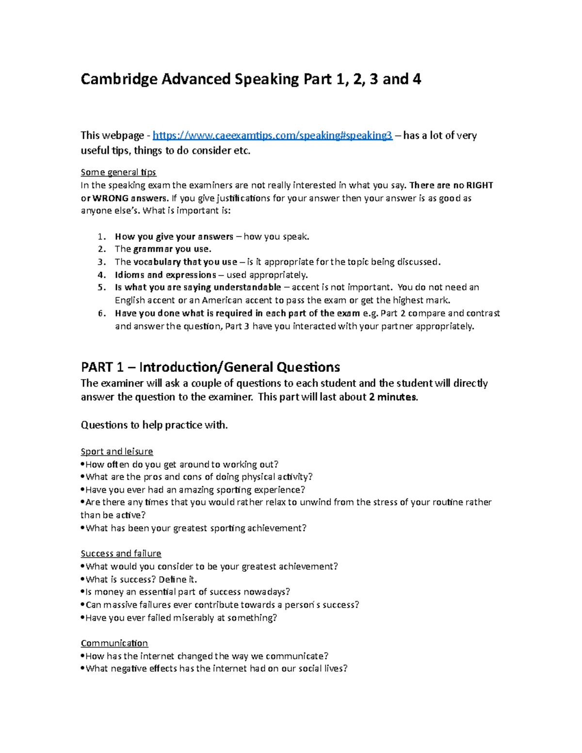 Cambridge english - Cambridge Advanced Speaking Part 1, 2, 3 and 4 This ...