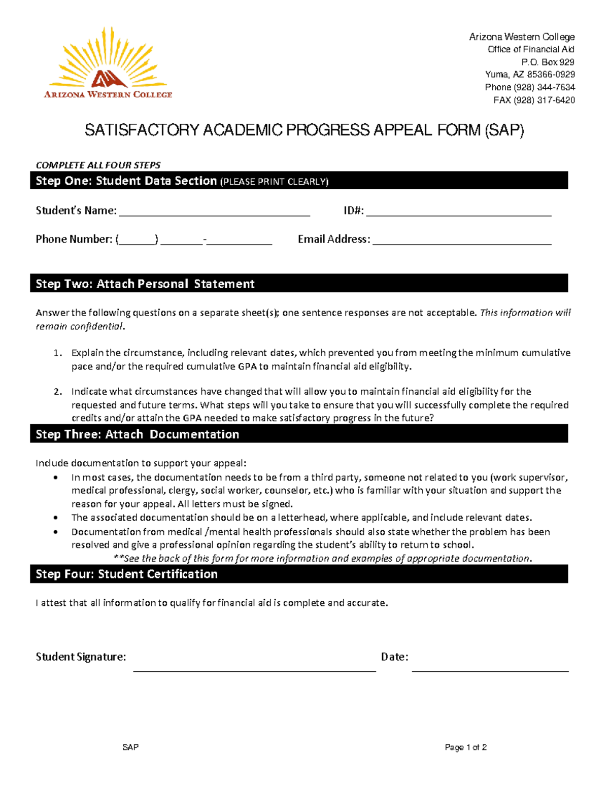 FA SAP Appeal - easy notes - SATISFACTORY ACADEMIC PROGRESS APPEAL FORM ...