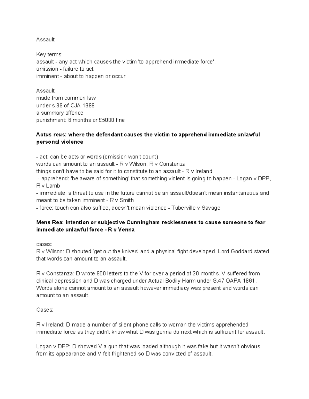 assault notes + cases - Assault Key terms: assault - any act which ...