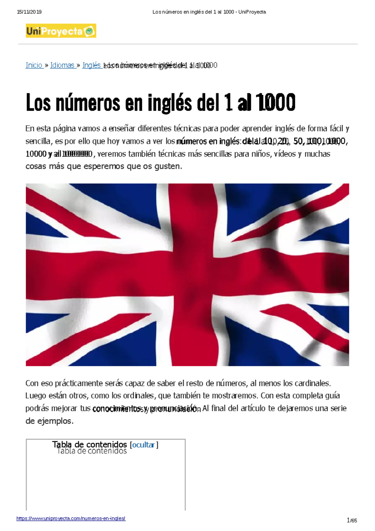 Los números en inglés del 1 al 1000 Uni Proyecta - 15/11/2019 Los números en inglés del 1 al ...