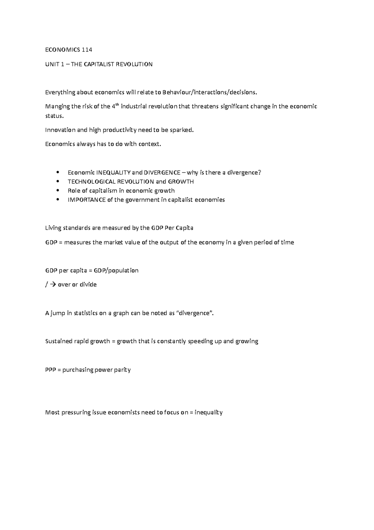 Economics 114 - ECONOMICS 114 UNIT 1 – THE CAPITALIST REVOLUTION ...