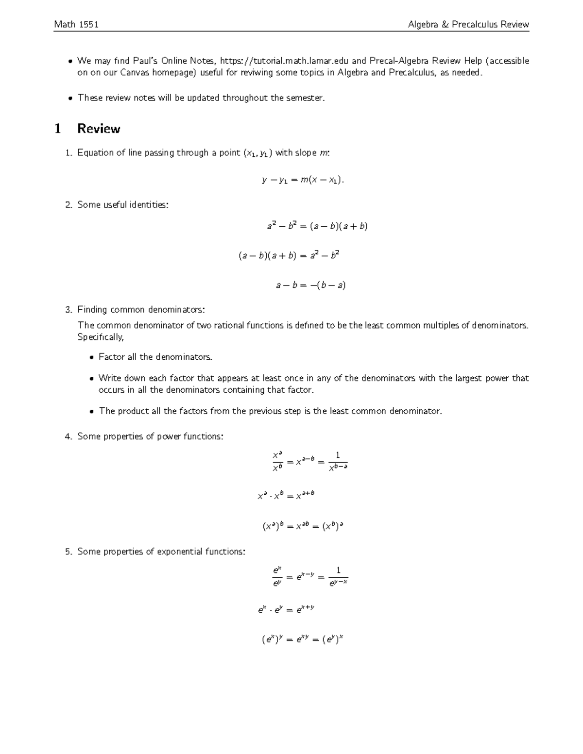 Algebra Pre Cal Review - Math 1551 Algebra & Precalculus Review We may ...