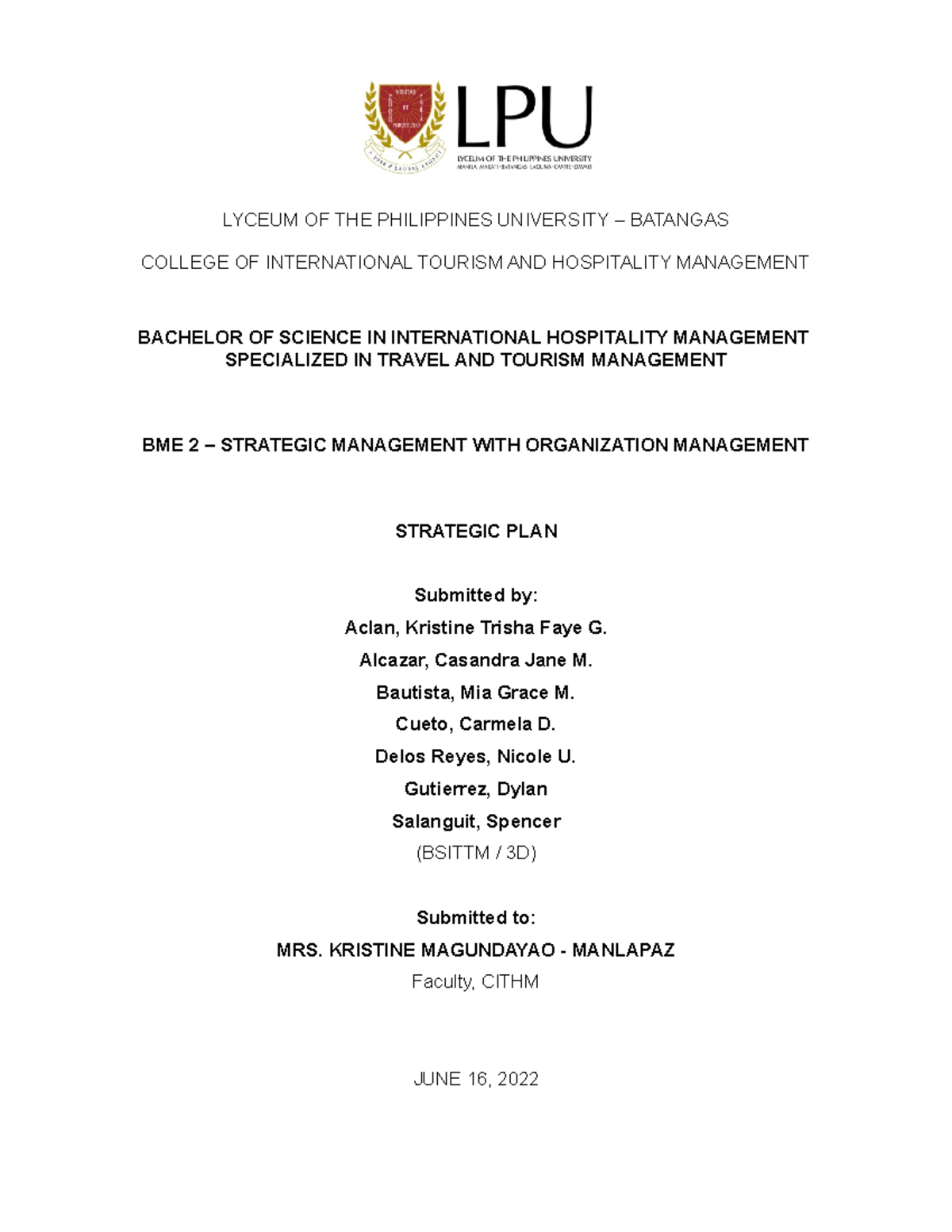 Strategic Plan - BS International Travel and Tourism Management - Studocu