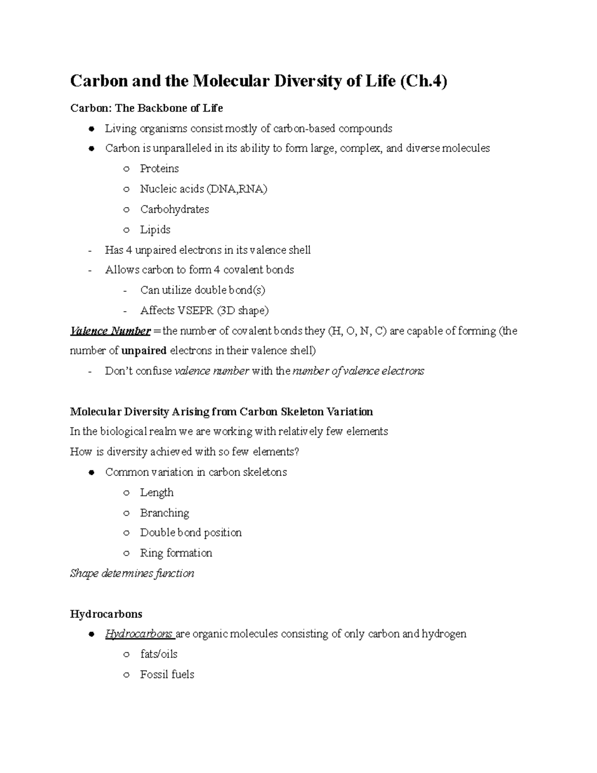 BSC2010 Ch.4 Notes - Carbon and the Molecular Diversity of Life (Ch ...