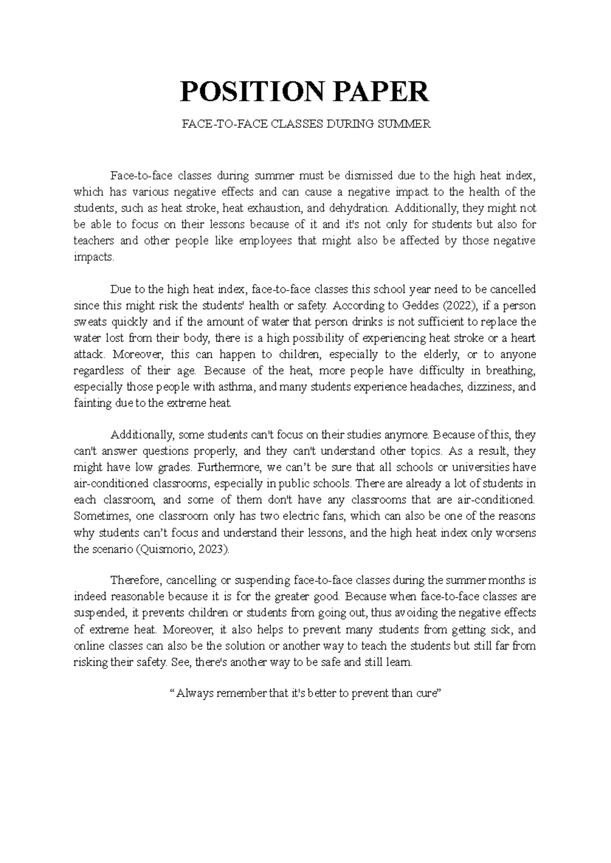 Position Paper - just an example - POSITION PAPER FACE-TO-FACE CLASSES ...