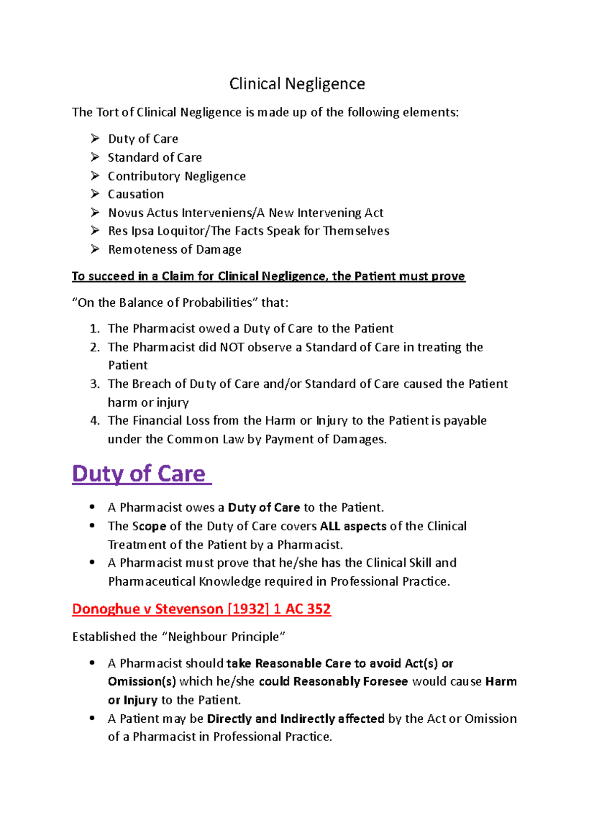 Clinical Negligence PHA333 - Clinical Negligence The Tort of Clinical ...