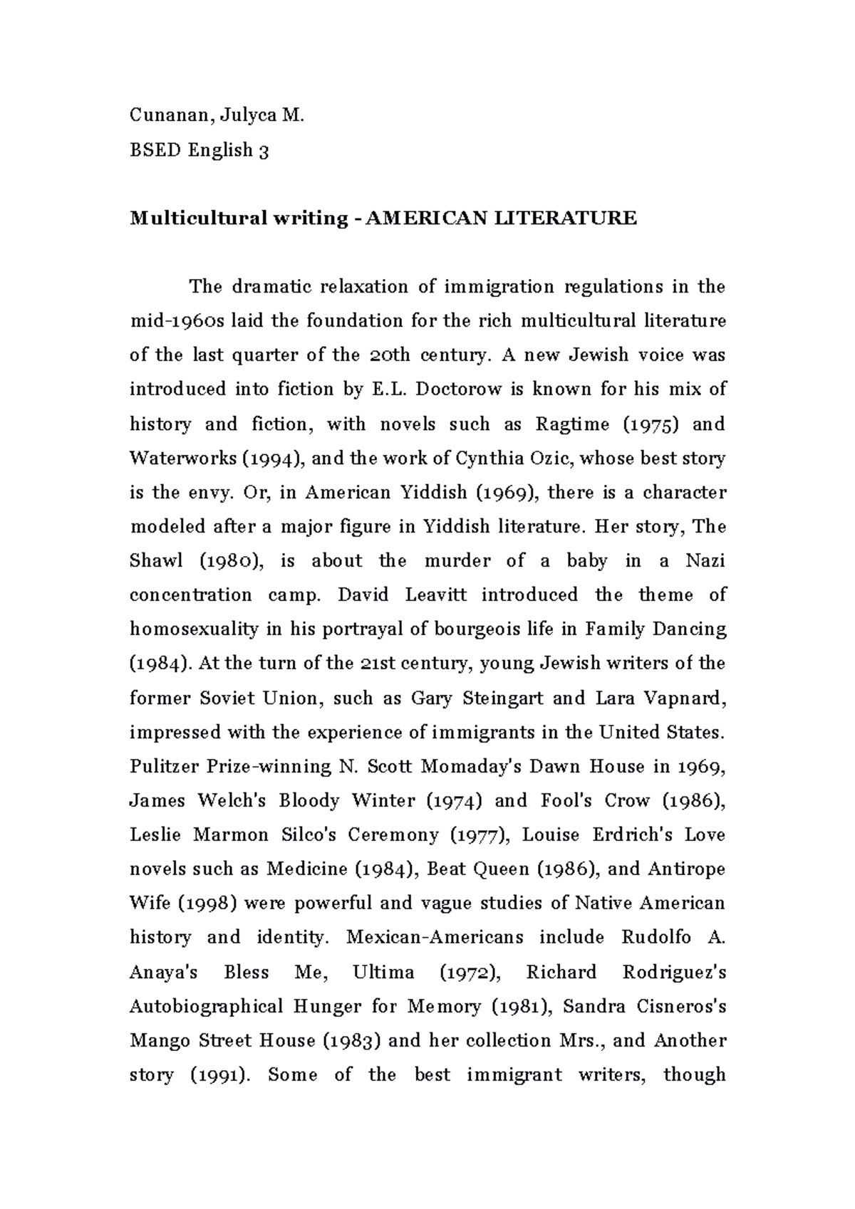 Multicultural writing - American Literature - Cunanan, Julyca M. BSED ...