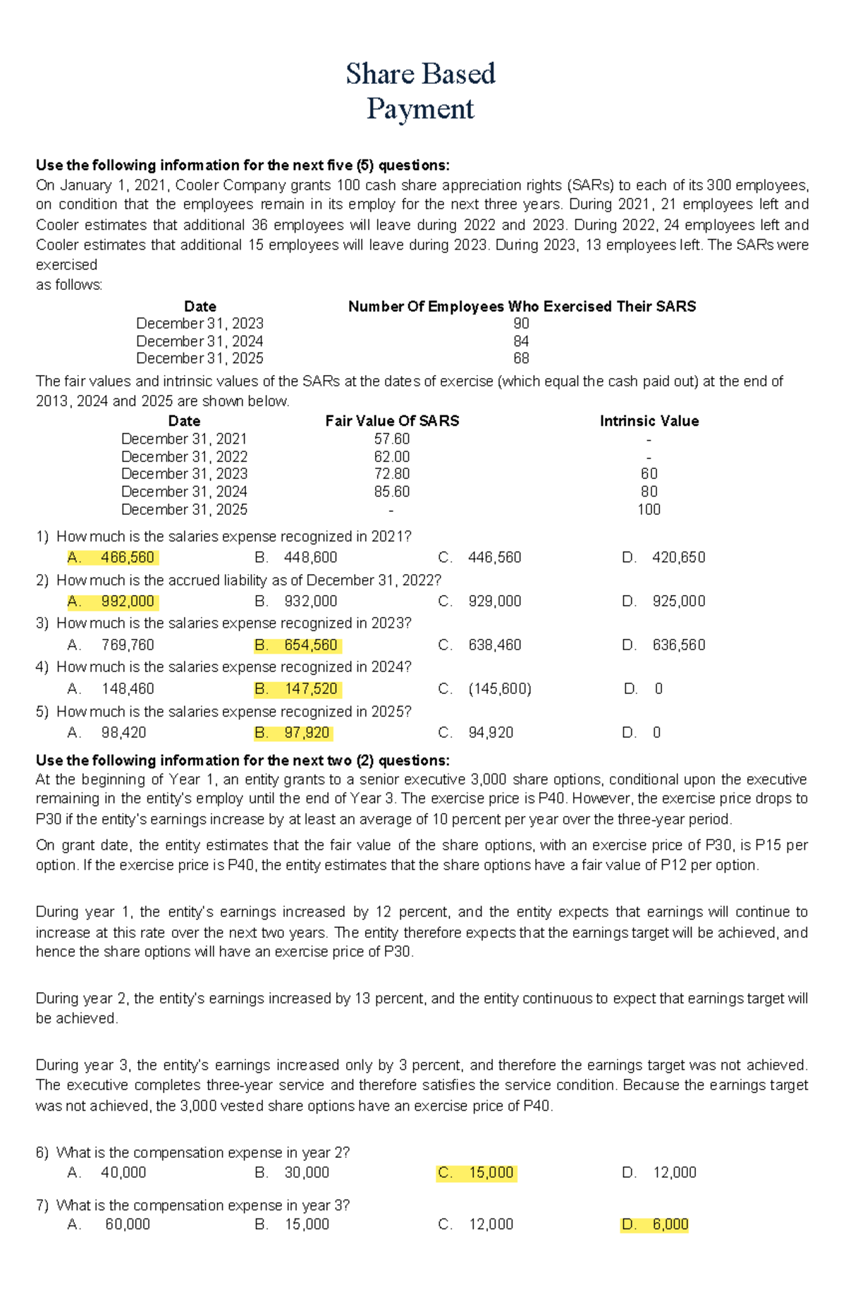 UFR- Assignment - Share Based Payment Use the following information for ...