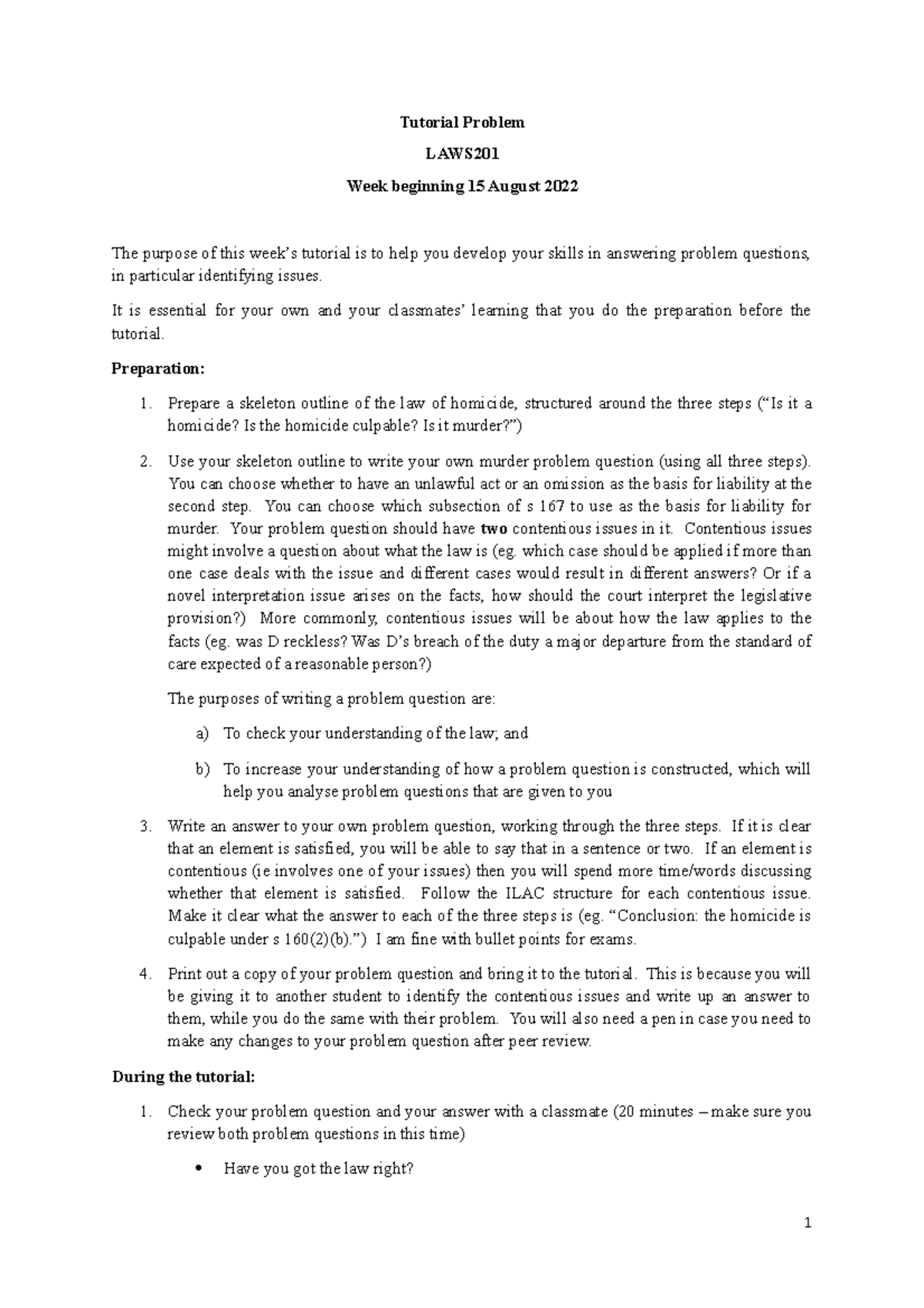 201 TUTE 15 Aug - Criminal Law problem question - Tutorial Problem LAWS ...