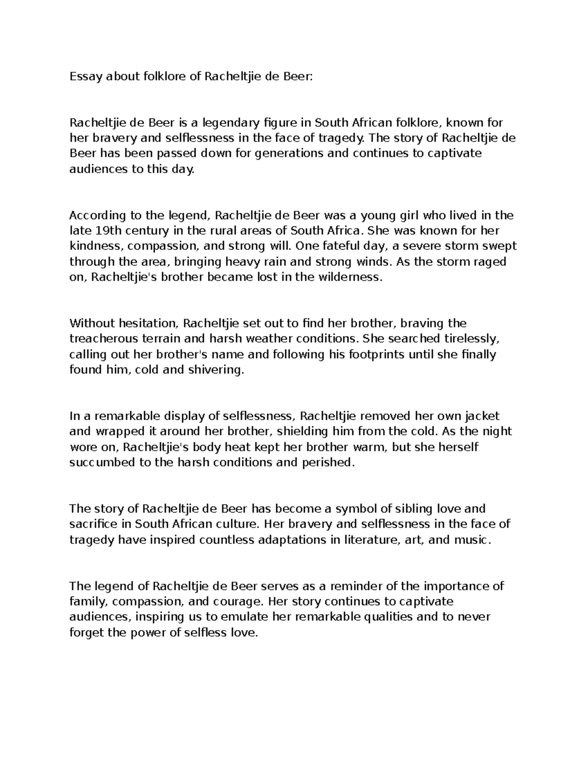 Memorandum - Essay about folklore of Racheltjie de Beer: Racheltjie de ...